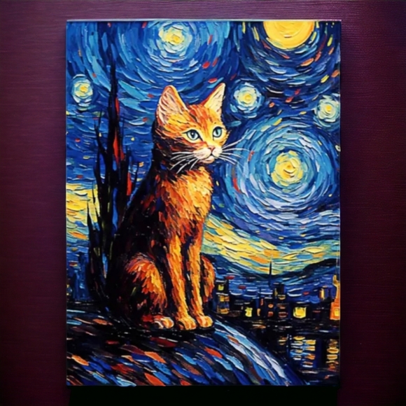 Wall Decor | Vincent Van Gogh Starry Night Ginger Orange Cat Unframed ...